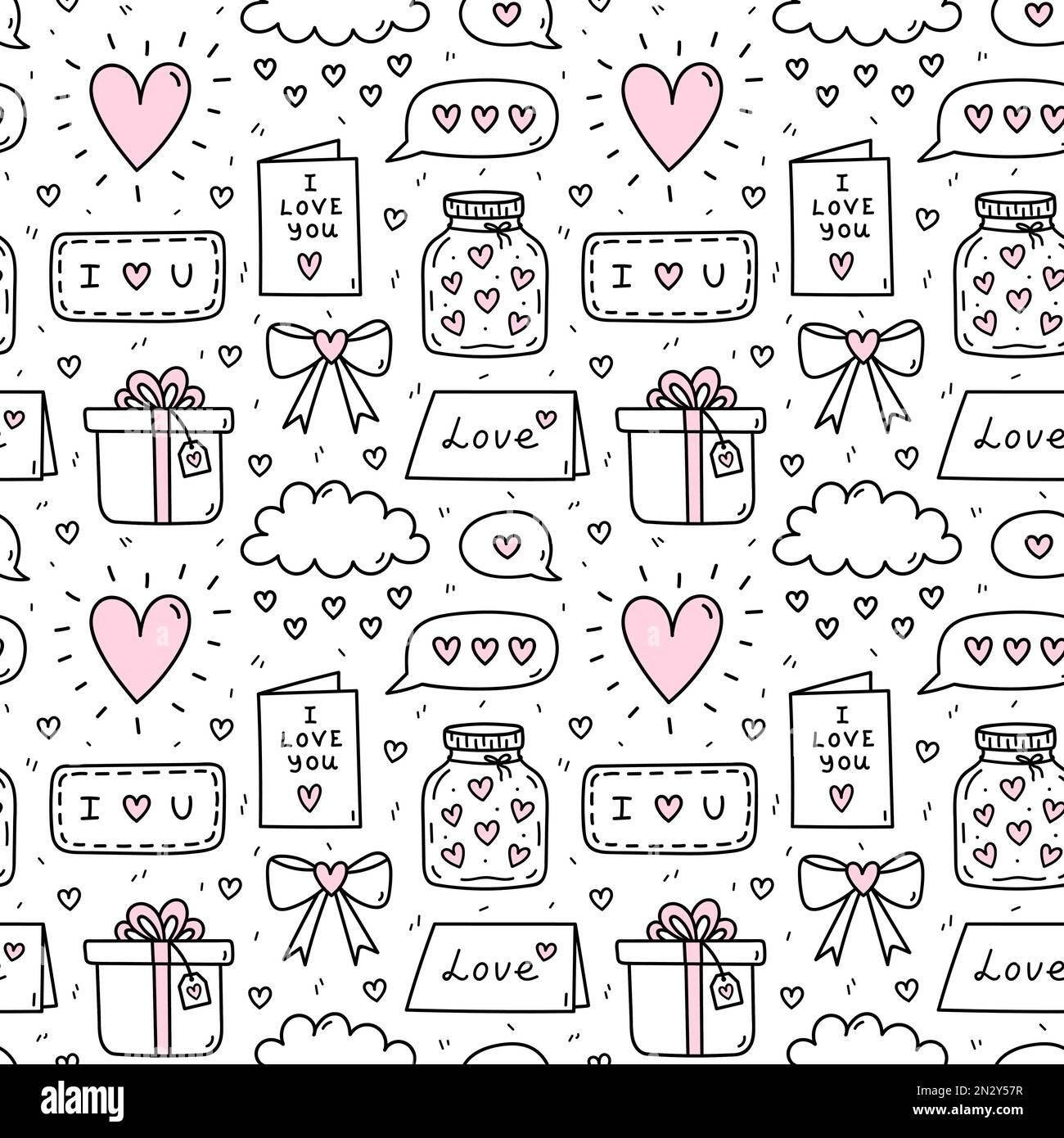 Cute seamless pattern for Valentines Day with hearts, gifts, clouds ...