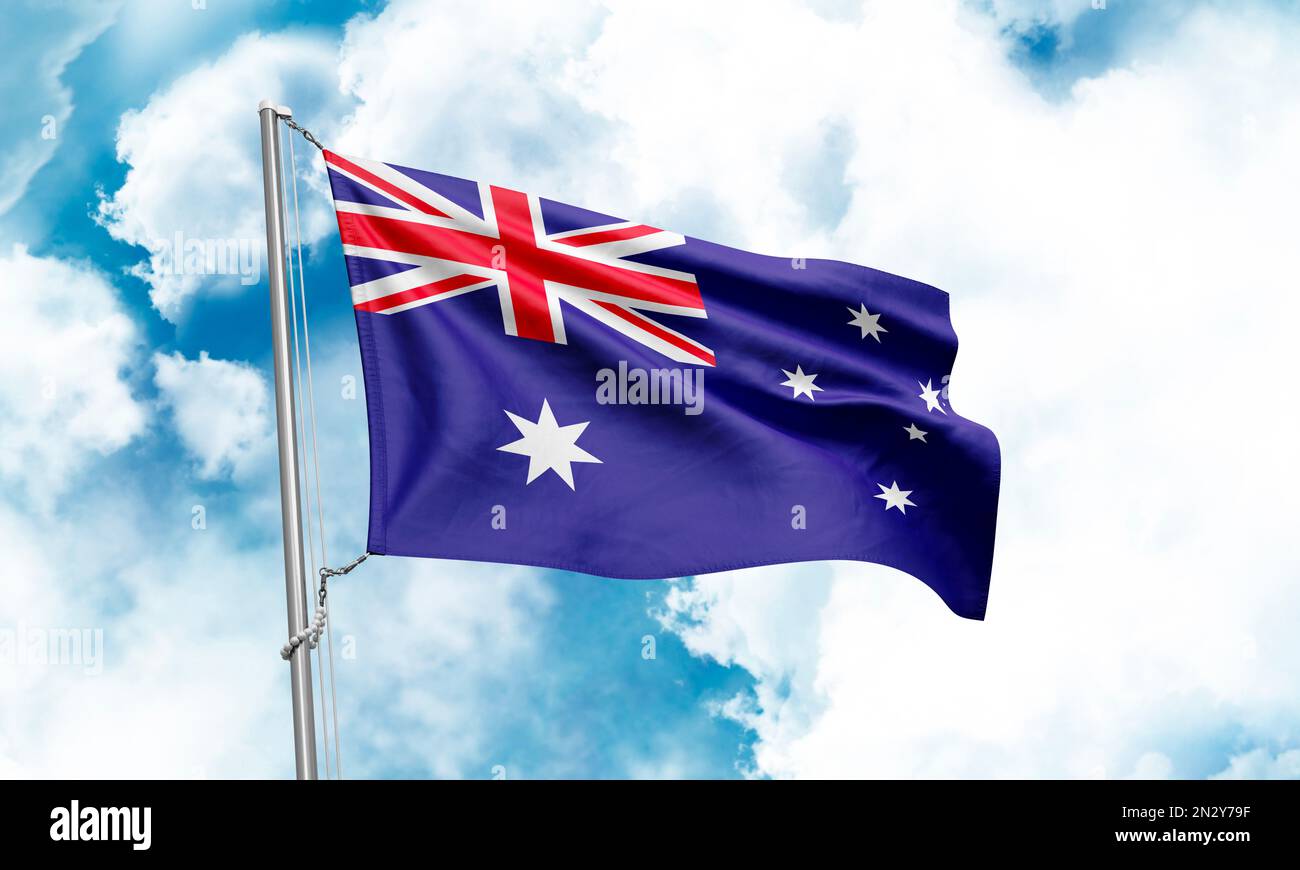 Australia flag waving on sky background. 3D Rendering Stock Photo - Alamy