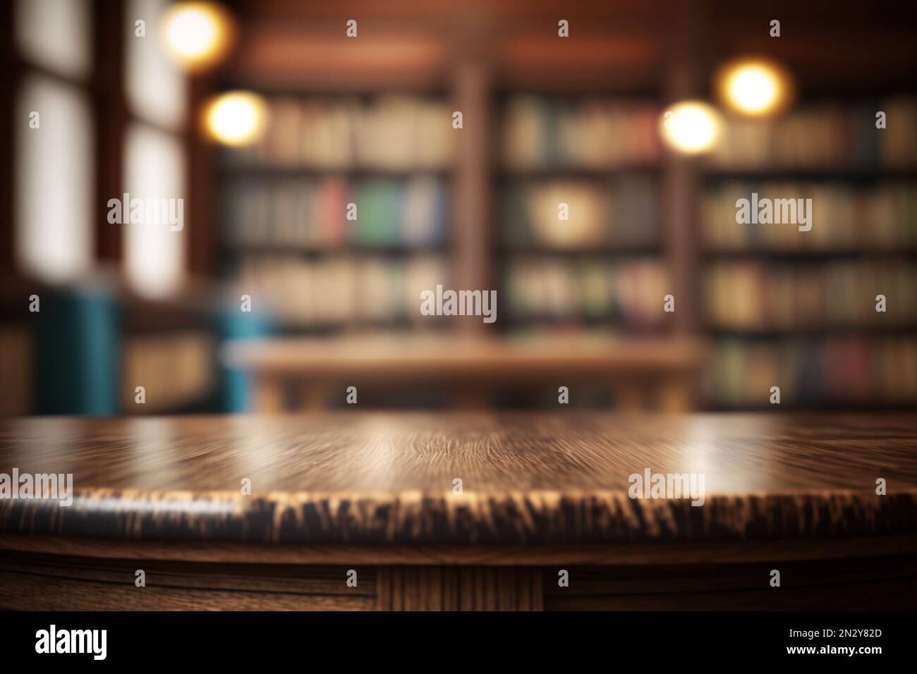 Wooden table in front of library background Stock Photo - Alamy
