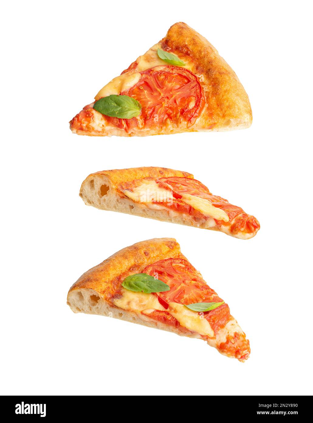 Pieces of falling pizza on a white background. Pizza margherita ...