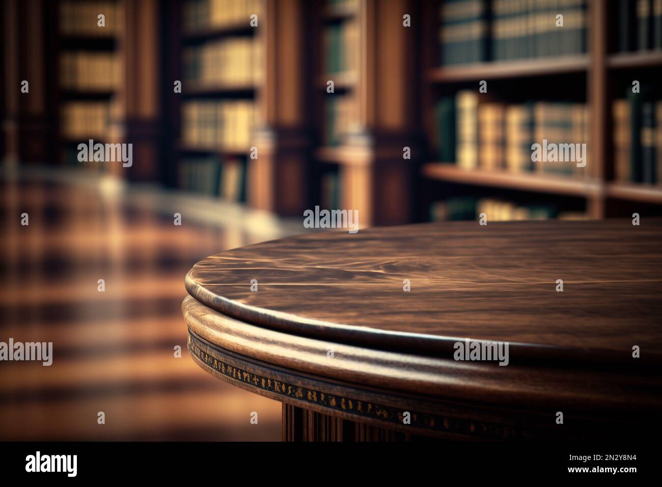 Wooden table in front of library background Stock Photo - Alamy