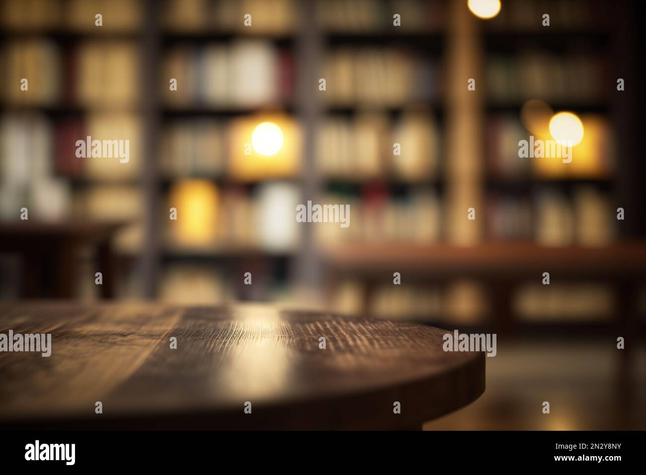 Wooden table in front of library background Stock Photo - Alamy