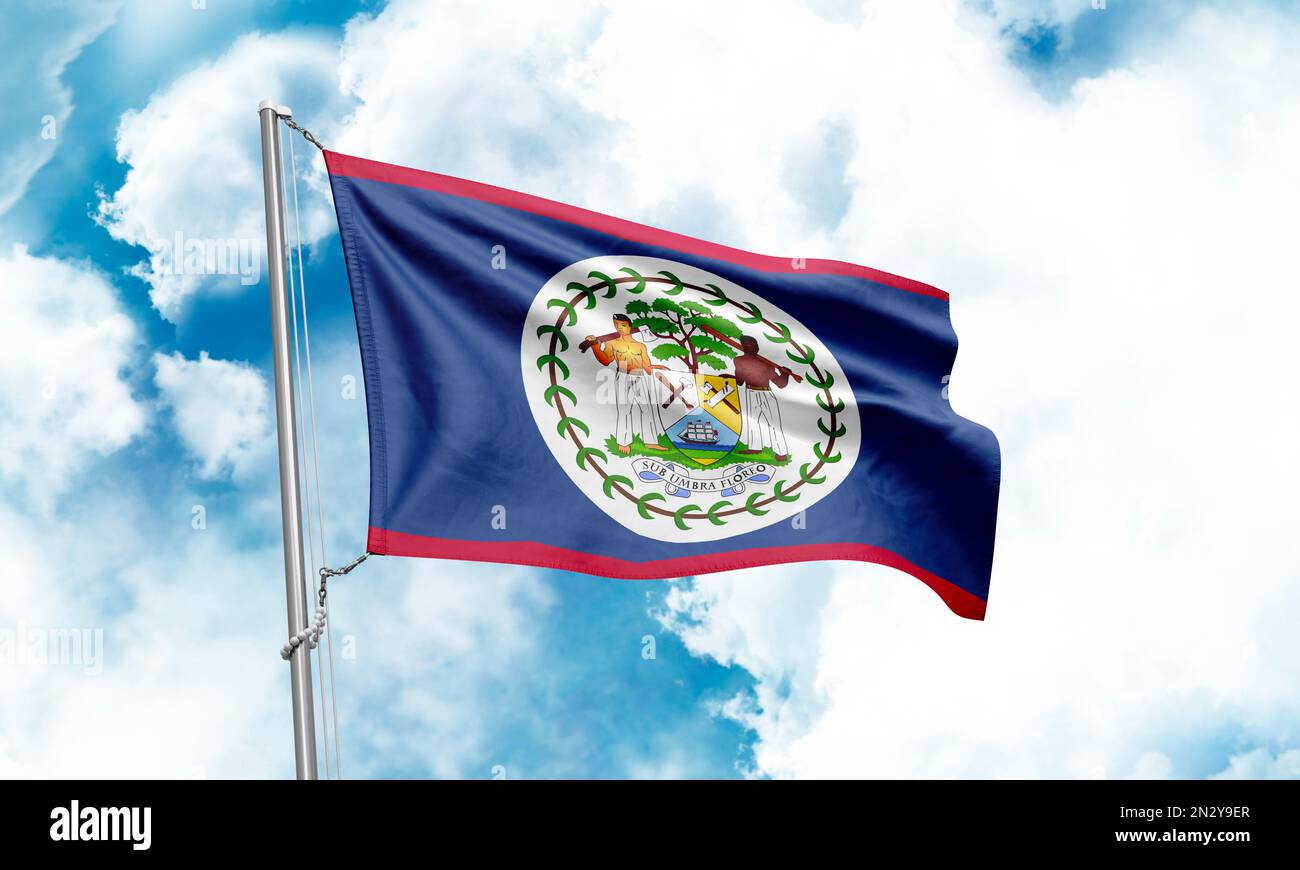 Belize flag waving on sky background. 3D Rendering Stock Photo - Alamy