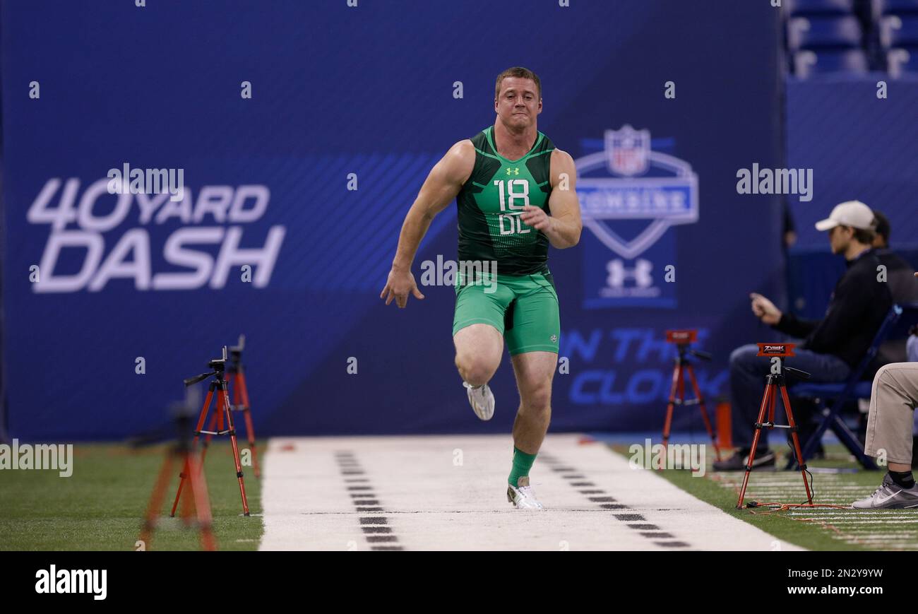 North Dakota State defensive lineman Kyle Emanuel runs the 40-yard dash ...