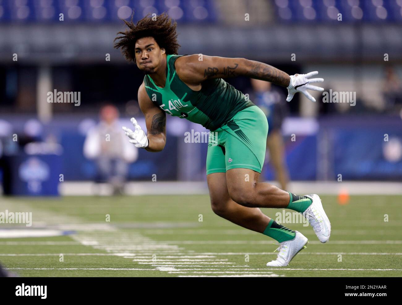 USC defensive lineman Leonard Williams runs a drill at the NFL football ...
