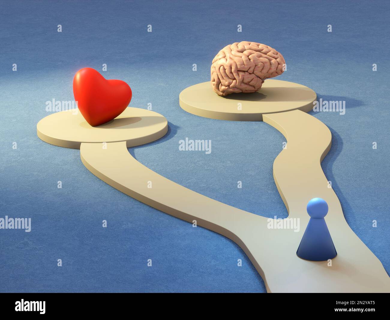 Standing at a fork, deciding to follow your heart or brain. Digital ...