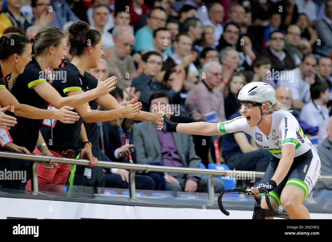 Annette Edmondson of Australia celebrates after winning the women's ...