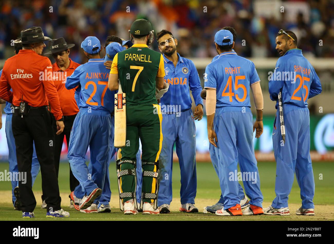 India's Virat Kohli, center greets South Africa's Wayne Parnell, after ...