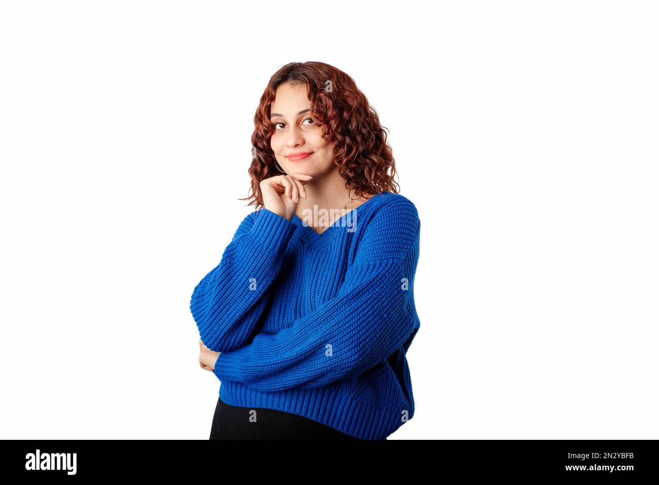 Cute caucasian woman wearing blue pullover sweater isolated over white ...