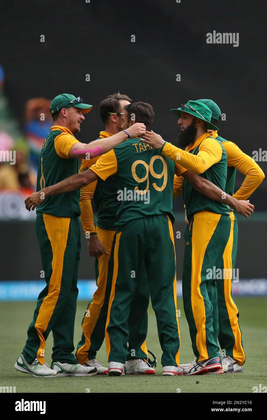 South Africa's Imran Tahir, back to camera celebrates with teammates ...