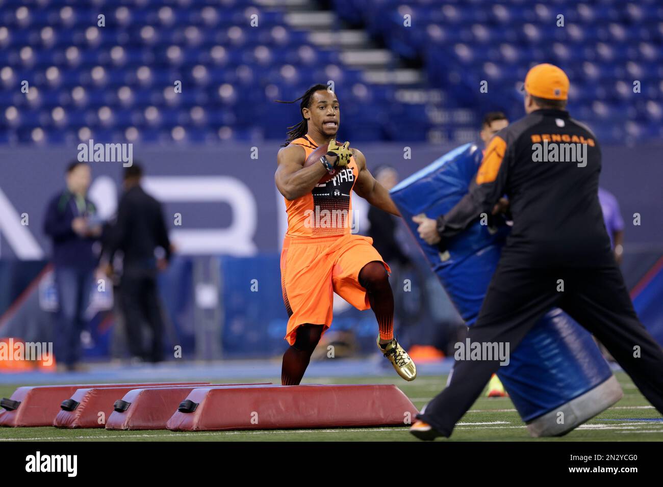 Stephen F. Austin running back Gus Johnson runs a drill at the NFL ...