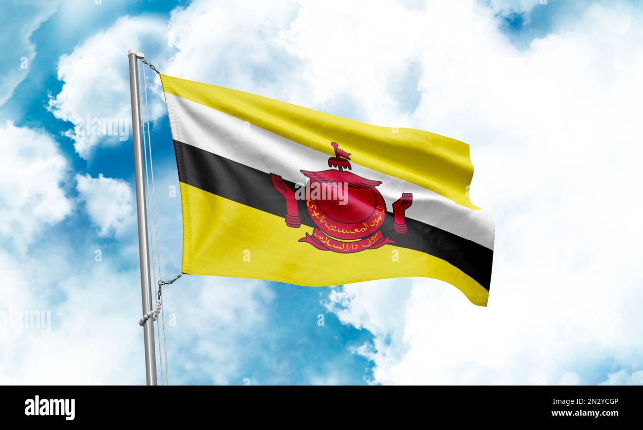 Brunei flag waving on sky background. 3D Rendering Stock Photo - Alamy