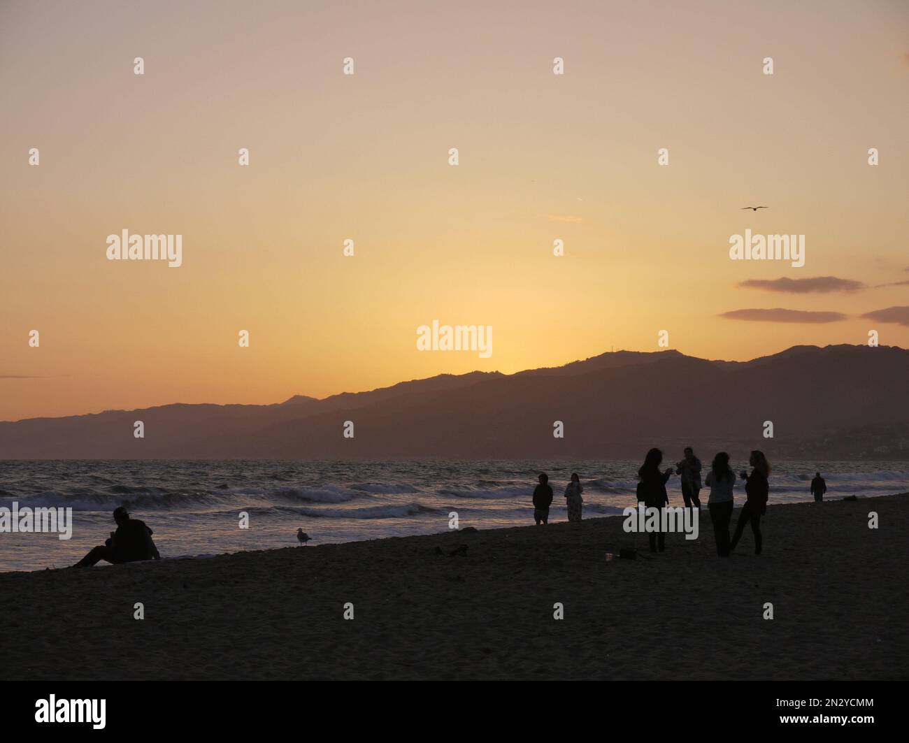 Figures silhouetted at sunset on Santa Monica Beach in May 2015, Santa ...