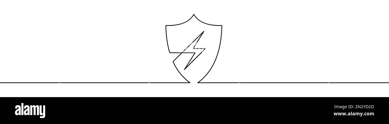 Continuous linear drawing of shield with lightning. Safety concept ...