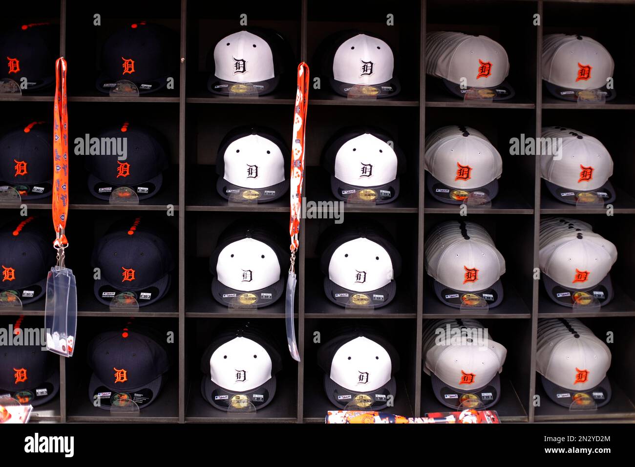 Detroit Tigers ball caps are on display in a merchandise trailer at ...