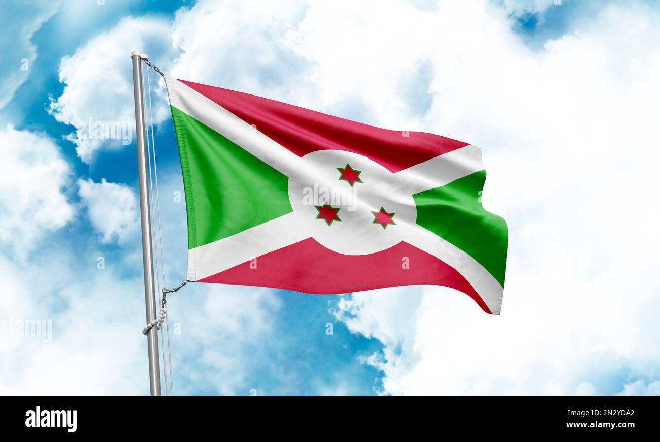 Burundi flag waving on sky background. 3D Rendering Stock Photo - Alamy