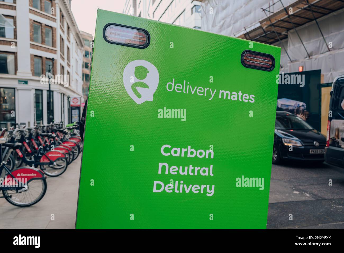 London, UK - February 02, 2023: Close up of the name on Delivery Mates ...