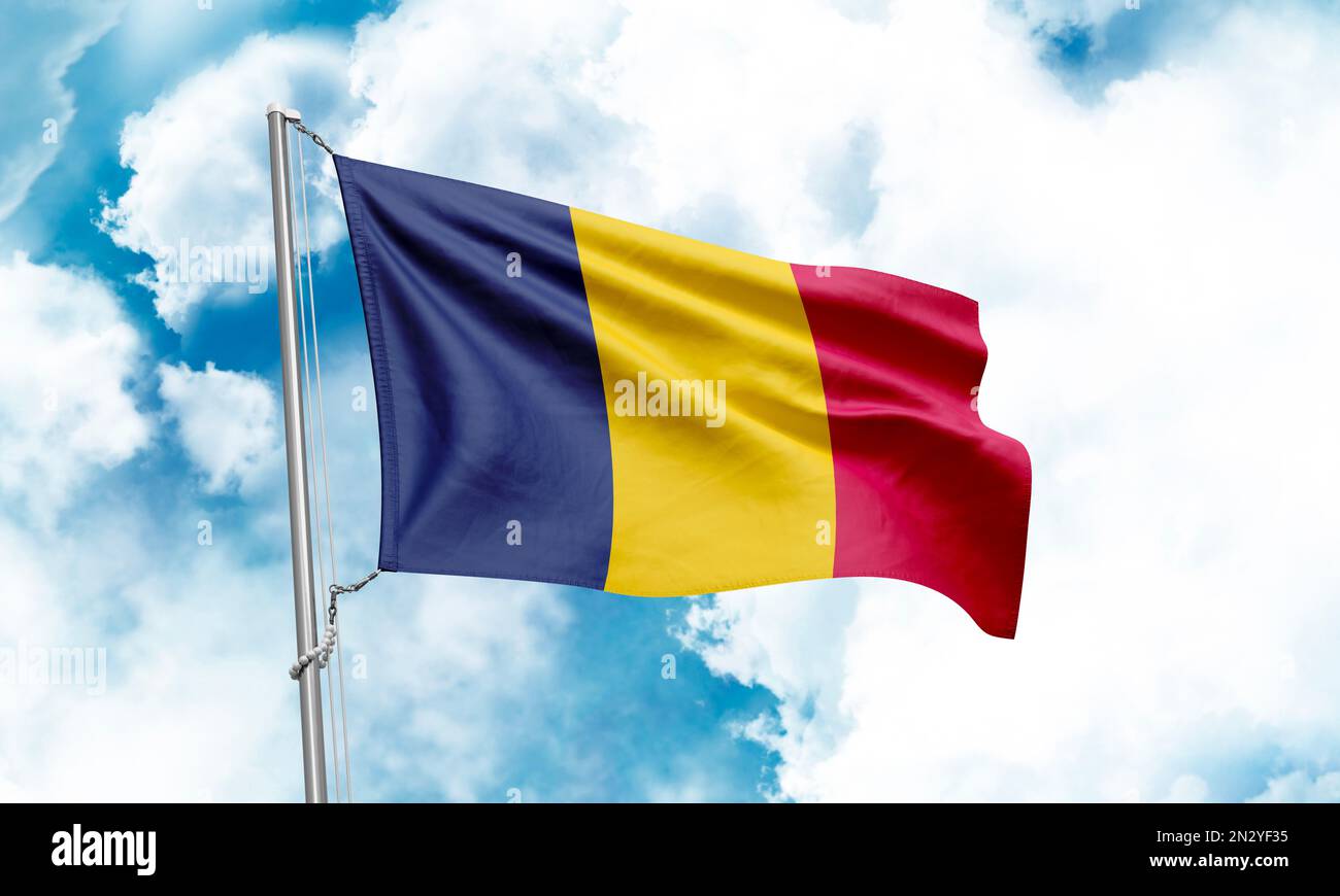 Chad flag waving on sky background. 3D Rendering Stock Photo - Alamy