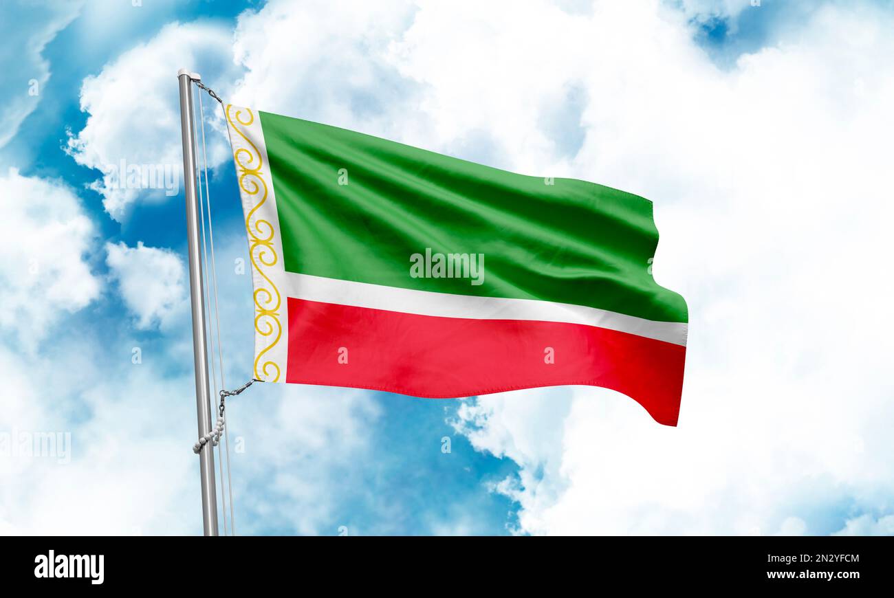 Chechen Republic flag waving on sky background. 3D Rendering Stock ...