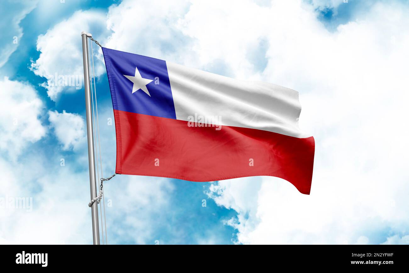Chile flag waving on sky background. 3D Rendering Stock Photo - Alamy