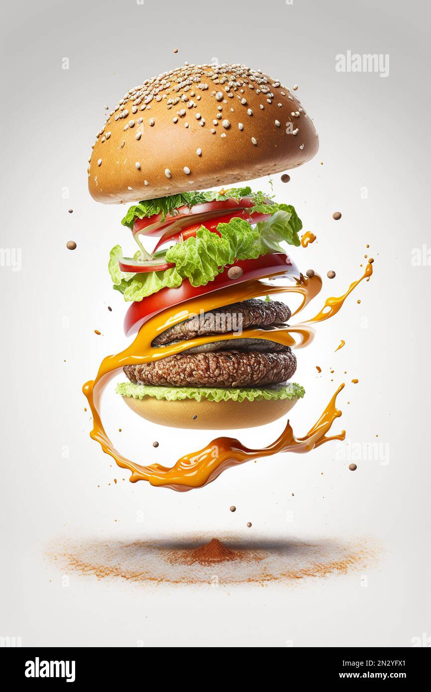 Creative levitation burger on white background Stock Photo - Alamy