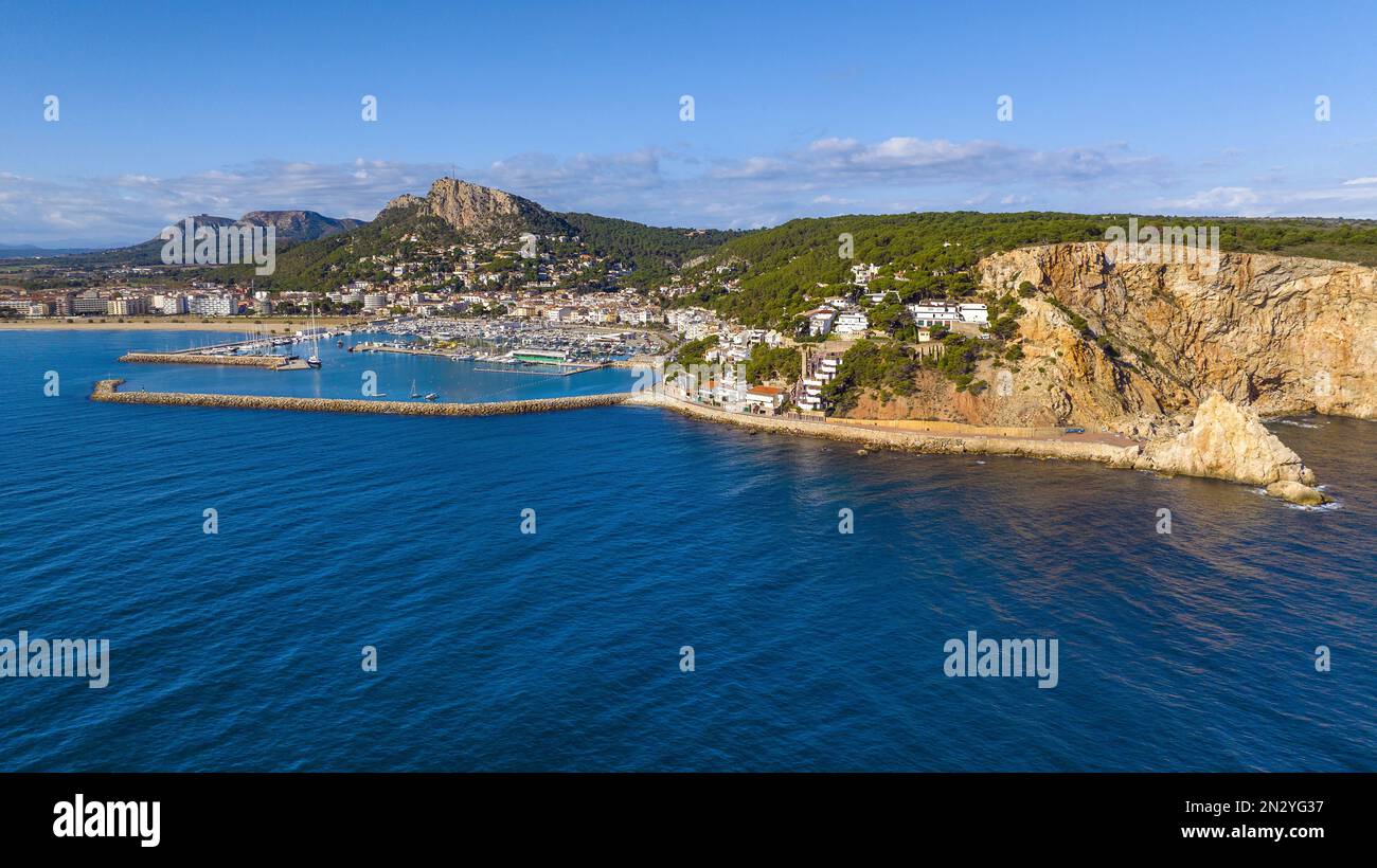 Drone view of l'Estartit harbour and marina in sunset. Costa Brava ...