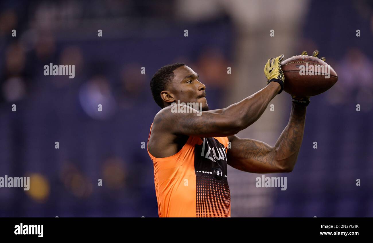 UNLV wide receiver Devante Davis runs a drill at the NFL football ...