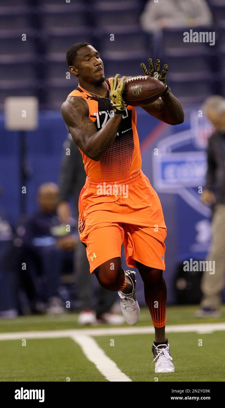 UNLV wide receiver Devante Davis runs a drill at the NFL football ...