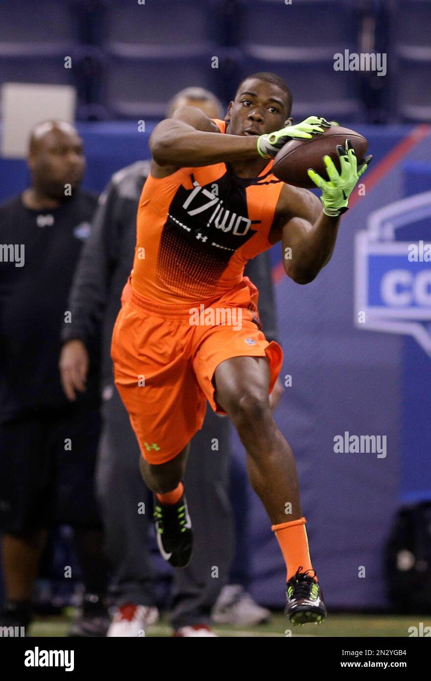 Michigan wide receiver Devin Funchess runs a drill at the NFL football ...
