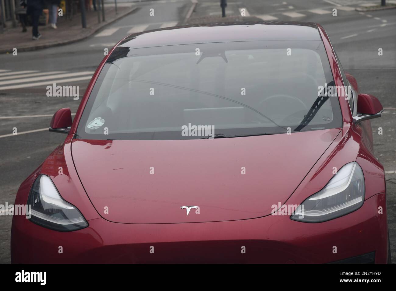 Copenhagen/Denmark/07 February 2023/Tesla elecrtic auto at charge point ...