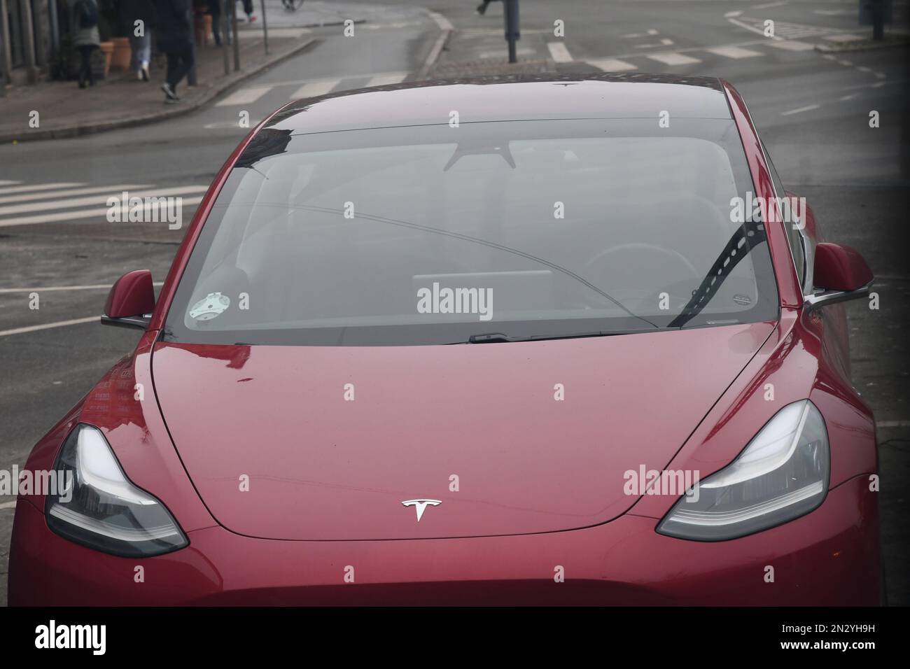 Copenhagen/Denmark/07 February 2023/Tesla elecrtic auto at charge point ...