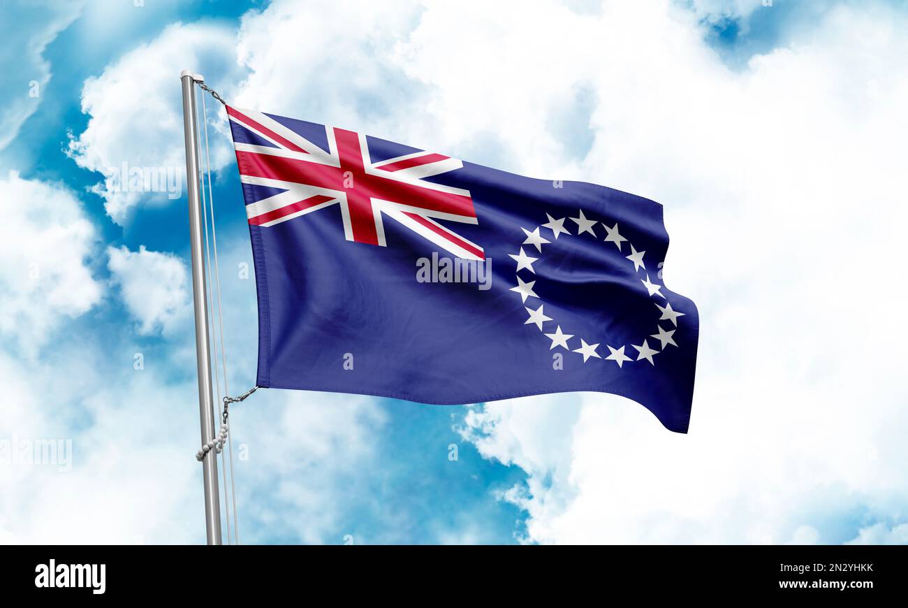 Cook Islands flag waving on sky background. 3D Rendering Stock Photo ...