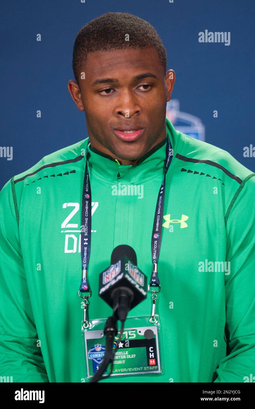 LSU defensive lineman Danielle Hunter talks with reporters during a ...
