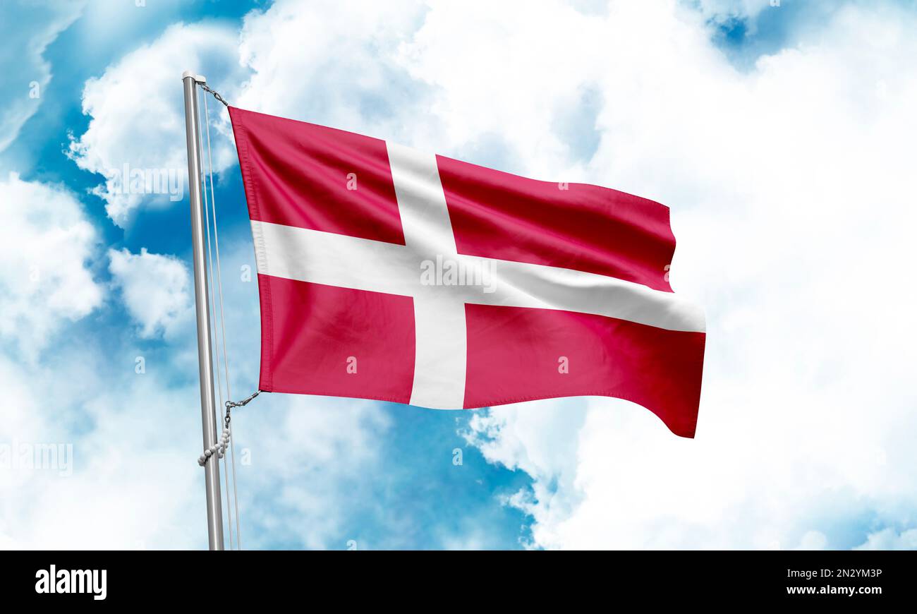 Denmark flag waving on sky background. 3D Rendering Stock Photo - Alamy