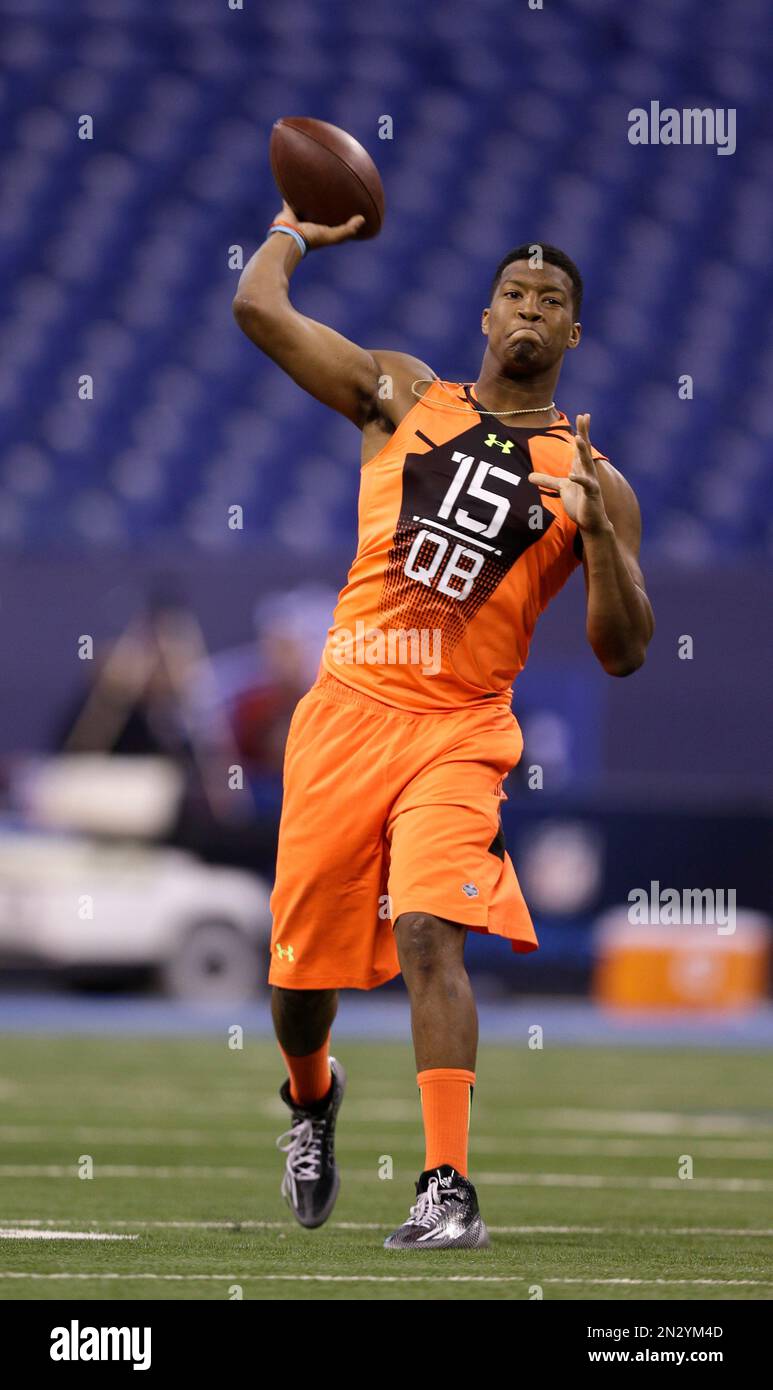 Florida State quarterback Jameis Winston throws during a drill at the ...