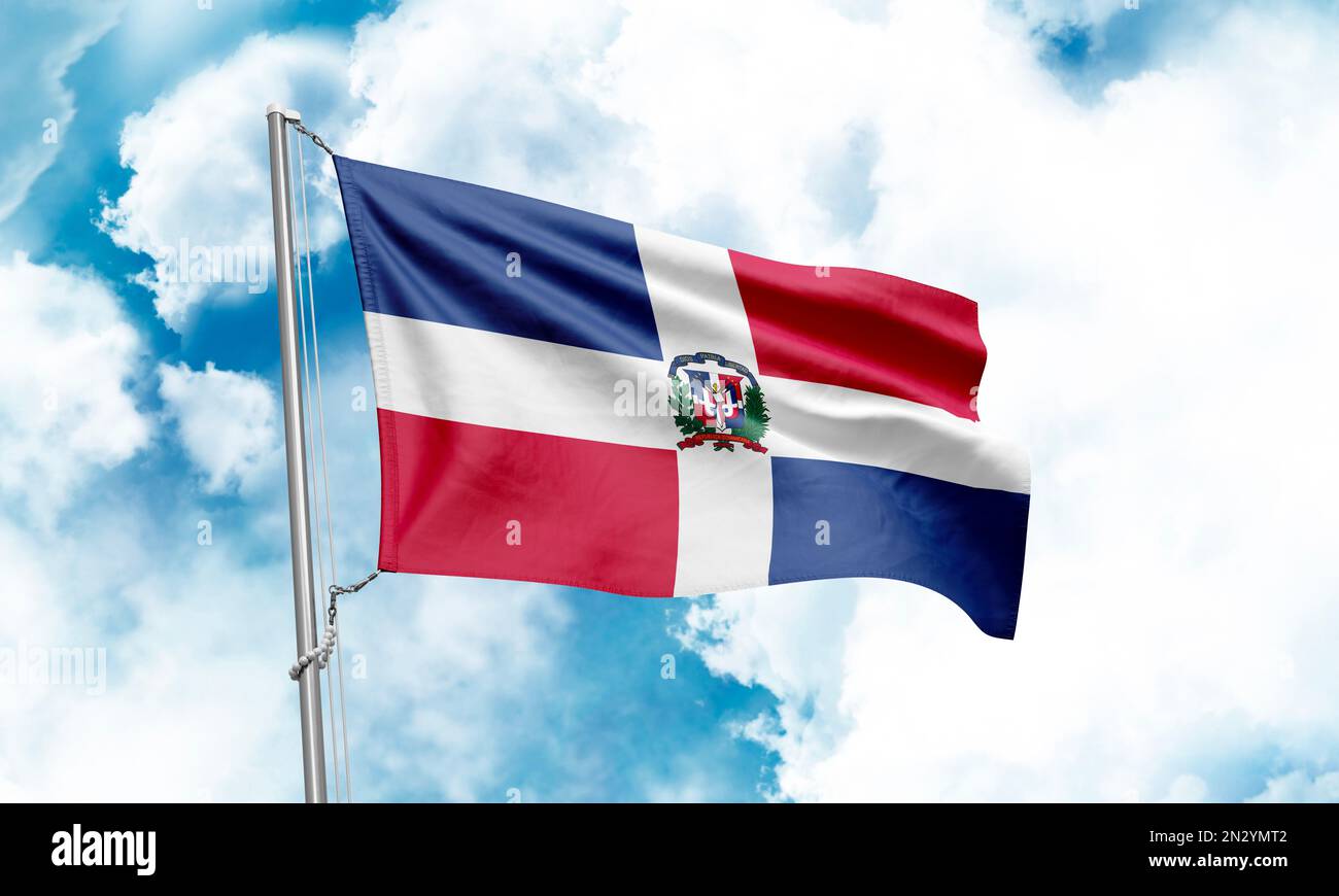 Dominican Republic flag waving on sky background. 3D Rendering Stock ...