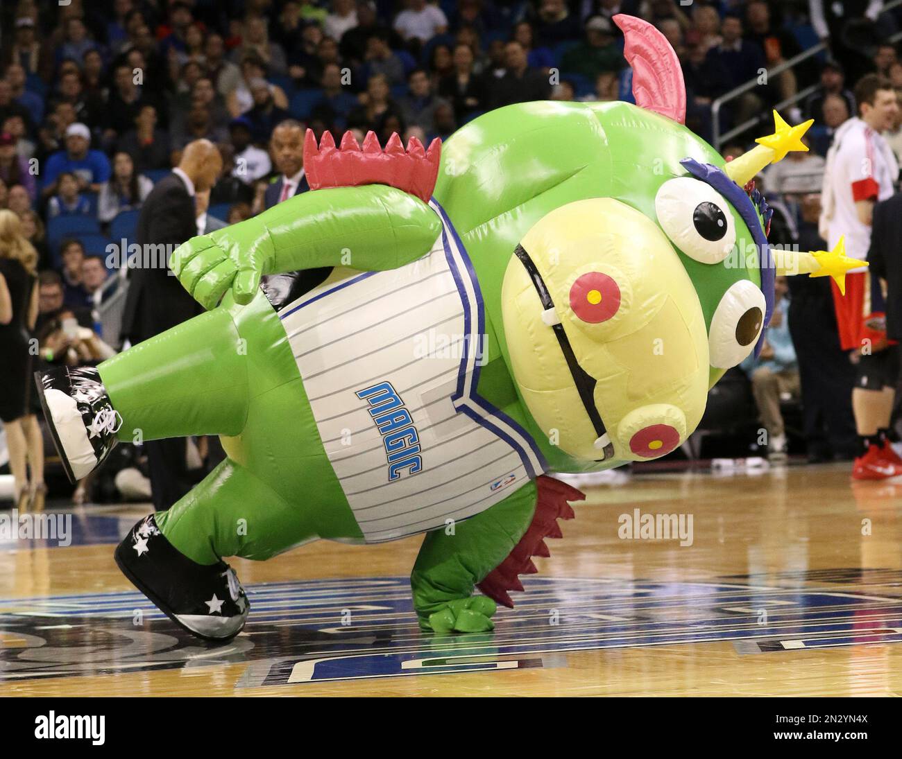 Orlando Magic mascot, Stuff during the first half of an NBA basketball ...