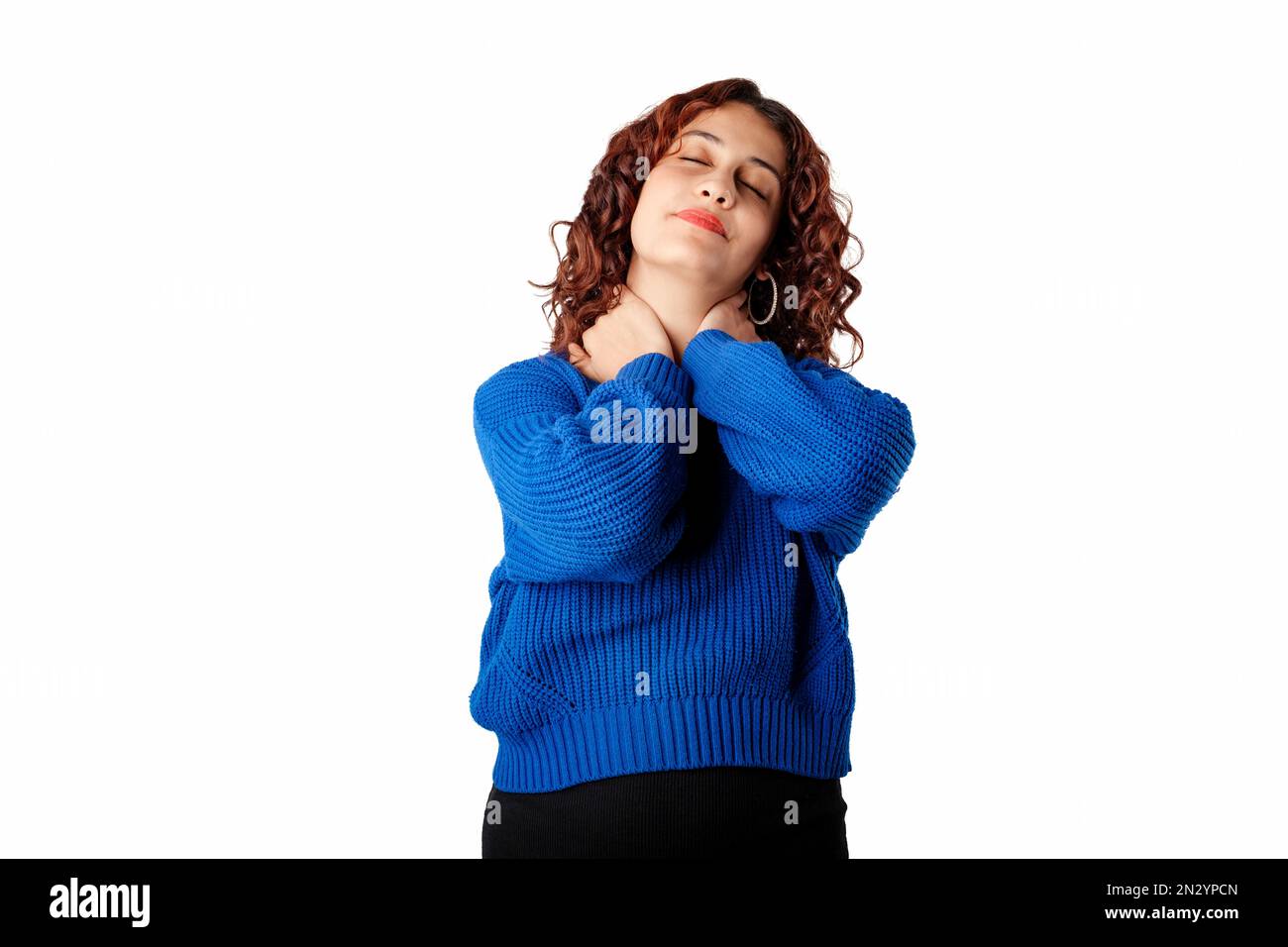 Young woman wearing blue pullover sweater isolated over white ...