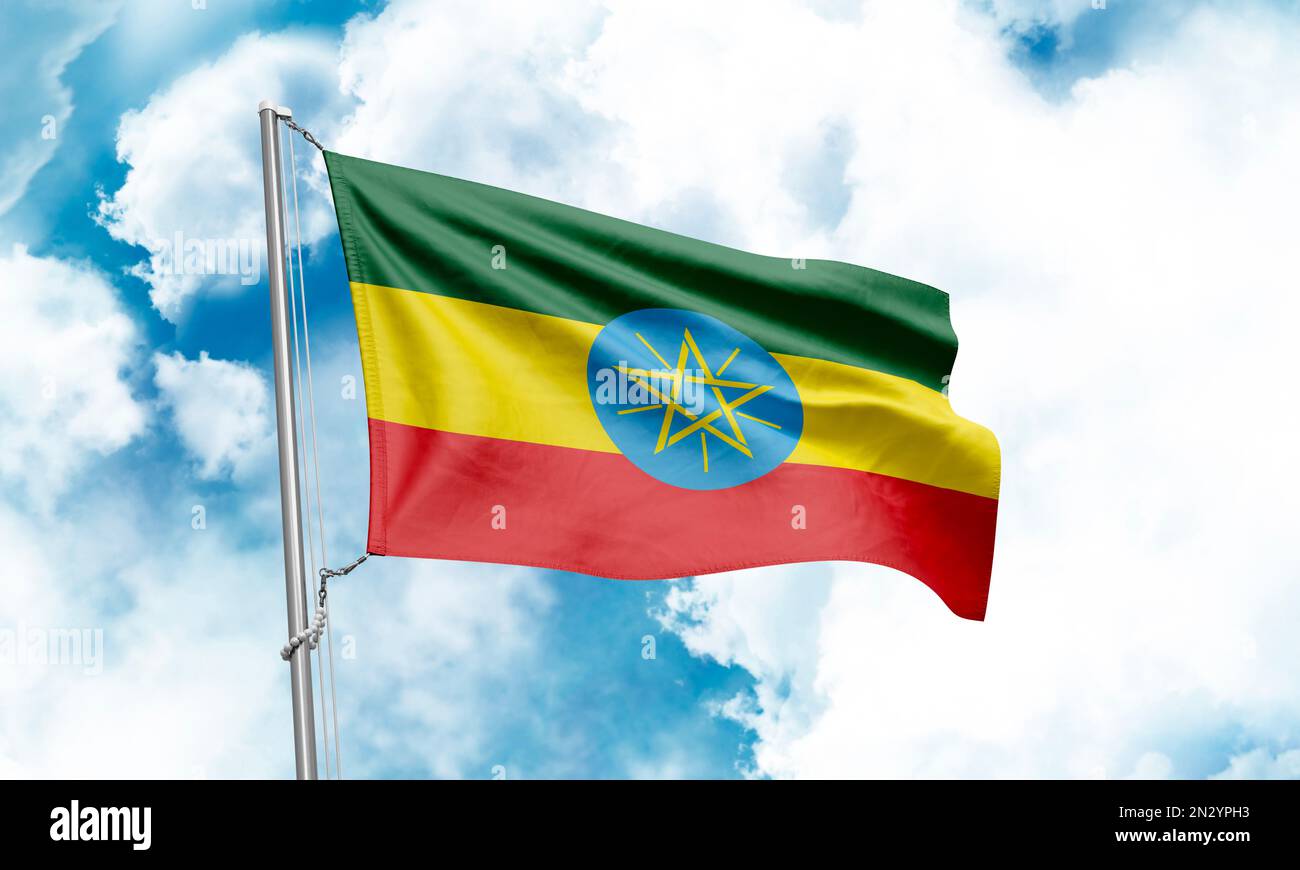 Ethiopia flag waving on sky background. 3D Rendering Stock Photo - Alamy