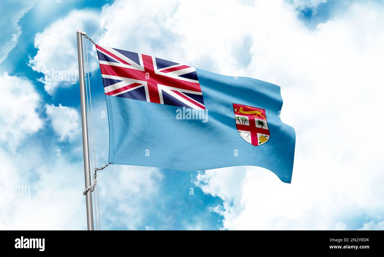 Fiji flag waving on sky background. 3D Rendering Stock Photo - Alamy
