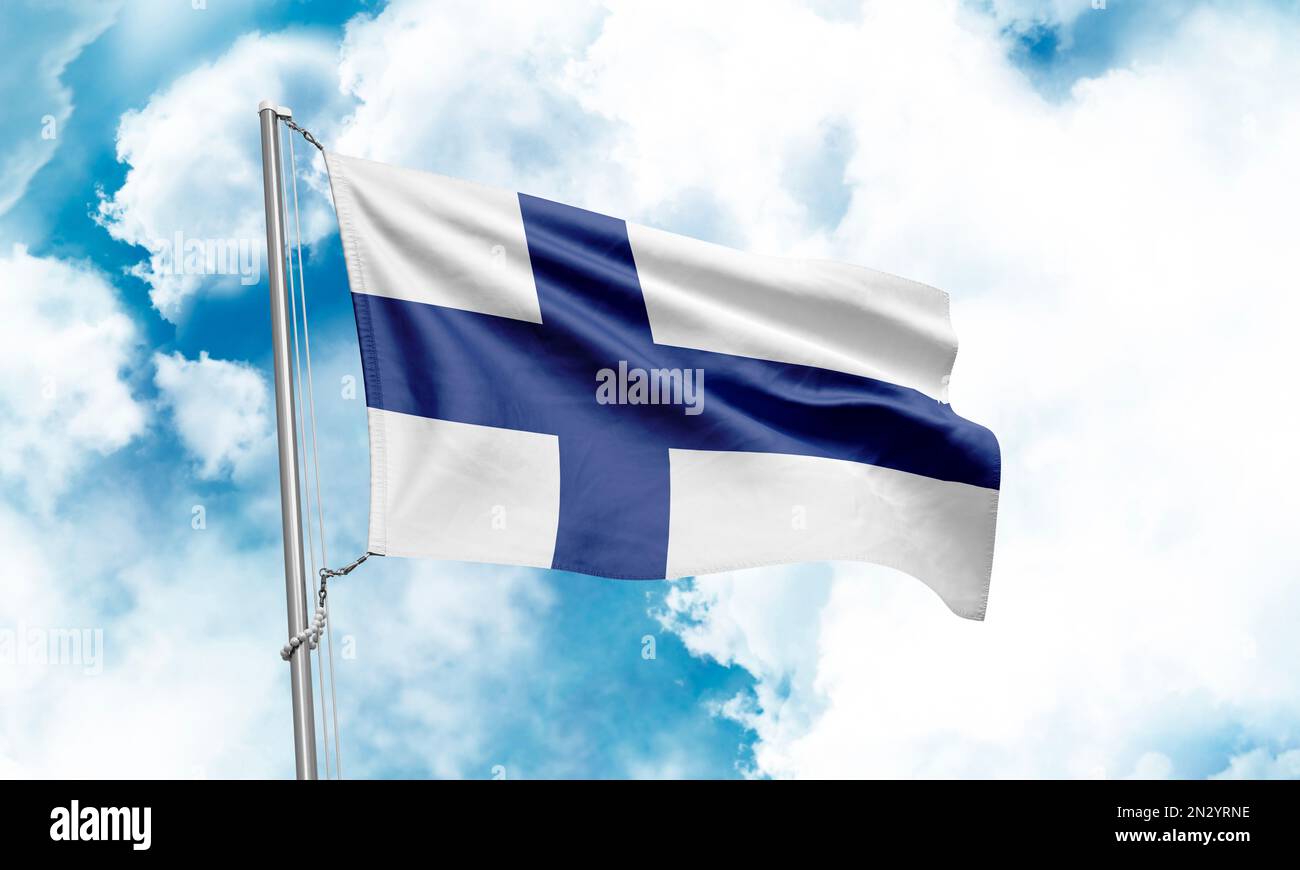 Finland flag waving on sky background. 3D Rendering Stock Photo - Alamy