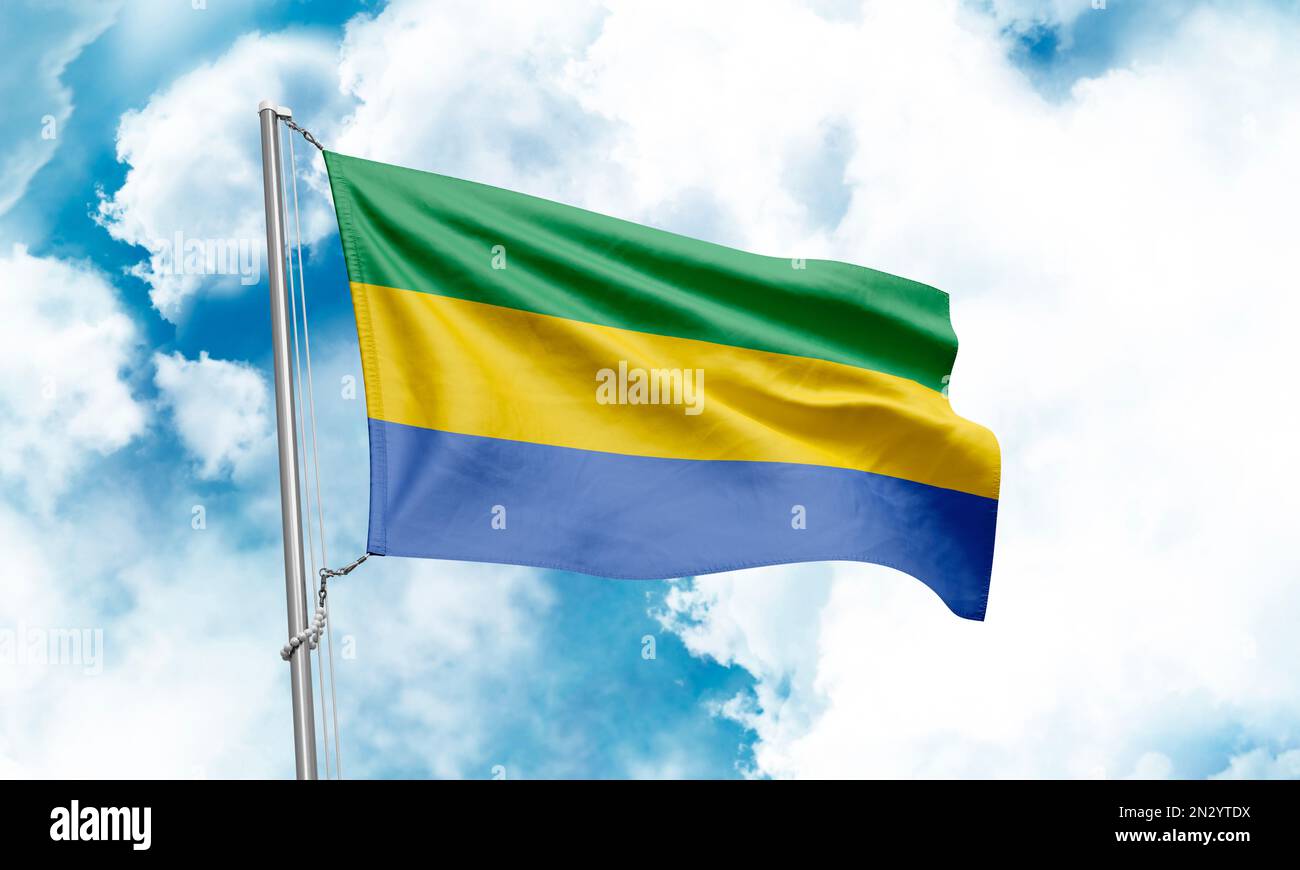 Gabon flag waving on sky background. 3D Rendering Stock Photo - Alamy