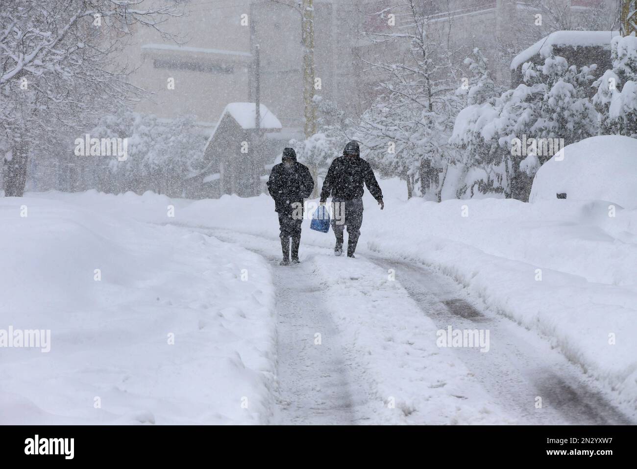 Two Lebanese men make their way through snow unable to find transport ...