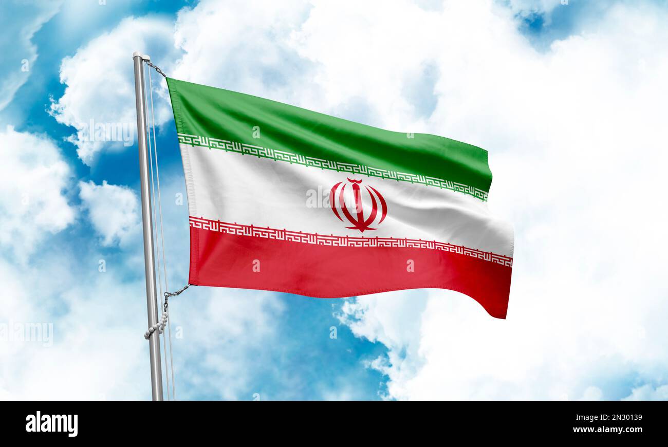 Iran flag waving on sky background. 3D Rendering Stock Photo - Alamy