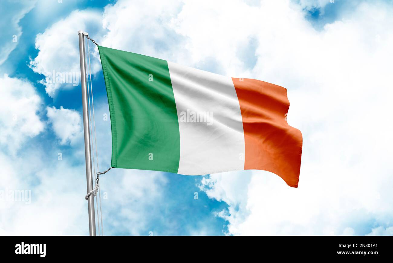 Ireland flag waving on sky background. 3D Rendering Stock Photo - Alamy