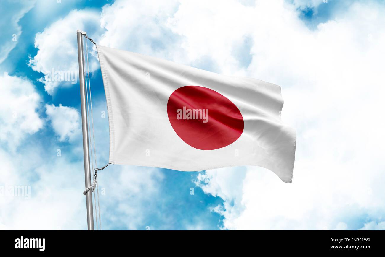 Japan flag waving on sky background. 3D Rendering Stock Photo - Alamy