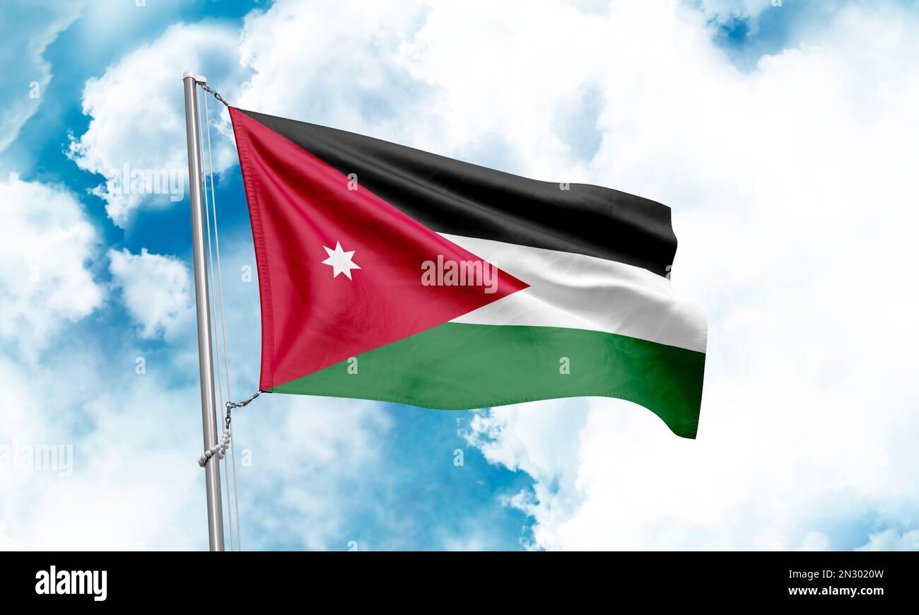 Jordan flag waving on sky background. 3D Rendering Stock Photo - Alamy