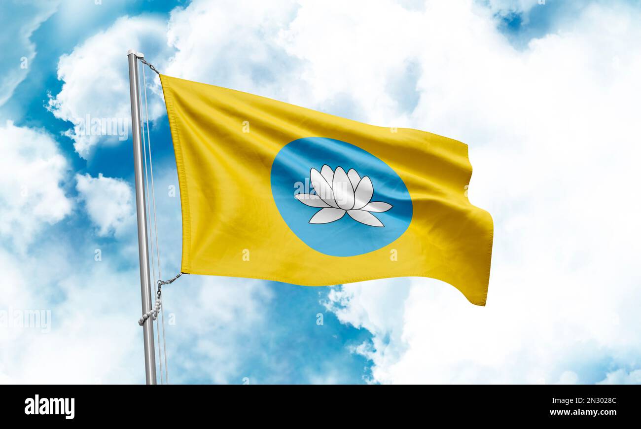 Kalmykia flag waving on sky background. 3D Rendering Stock Photo - Alamy