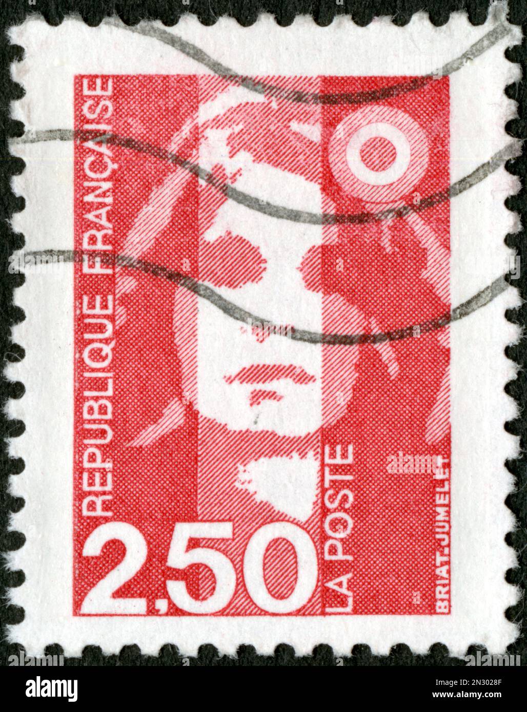 TIMBRE OBLITÉRÉ MARIANNE ROUGE. RÉPUBLIQUE FRANÇAISE. LA POSTE. 2,50 ...