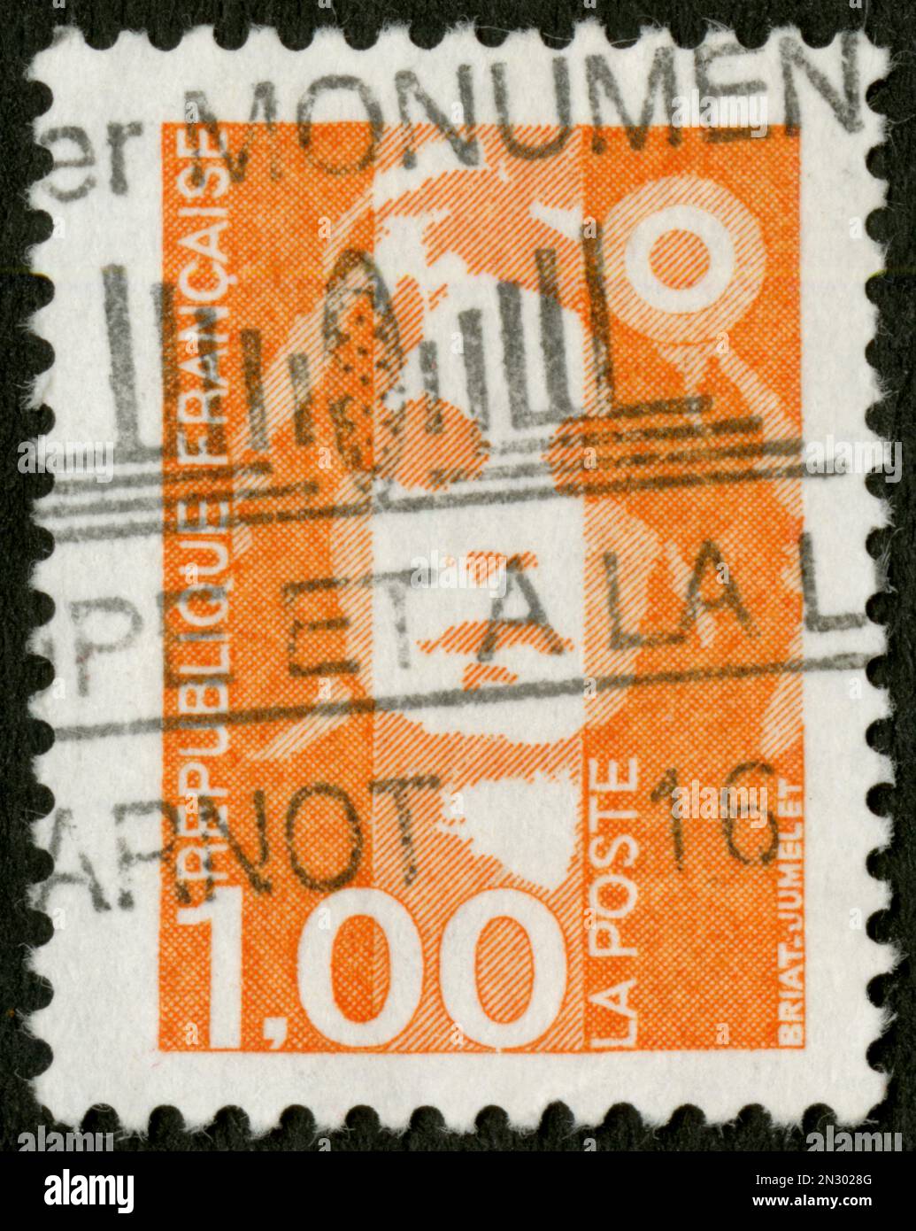 TIMBRE OBLITÉRÉ MARIANNE ORANGE. RÉPUBLIQUE FRANÇAISE. LA POSTE. 1,00 ...
